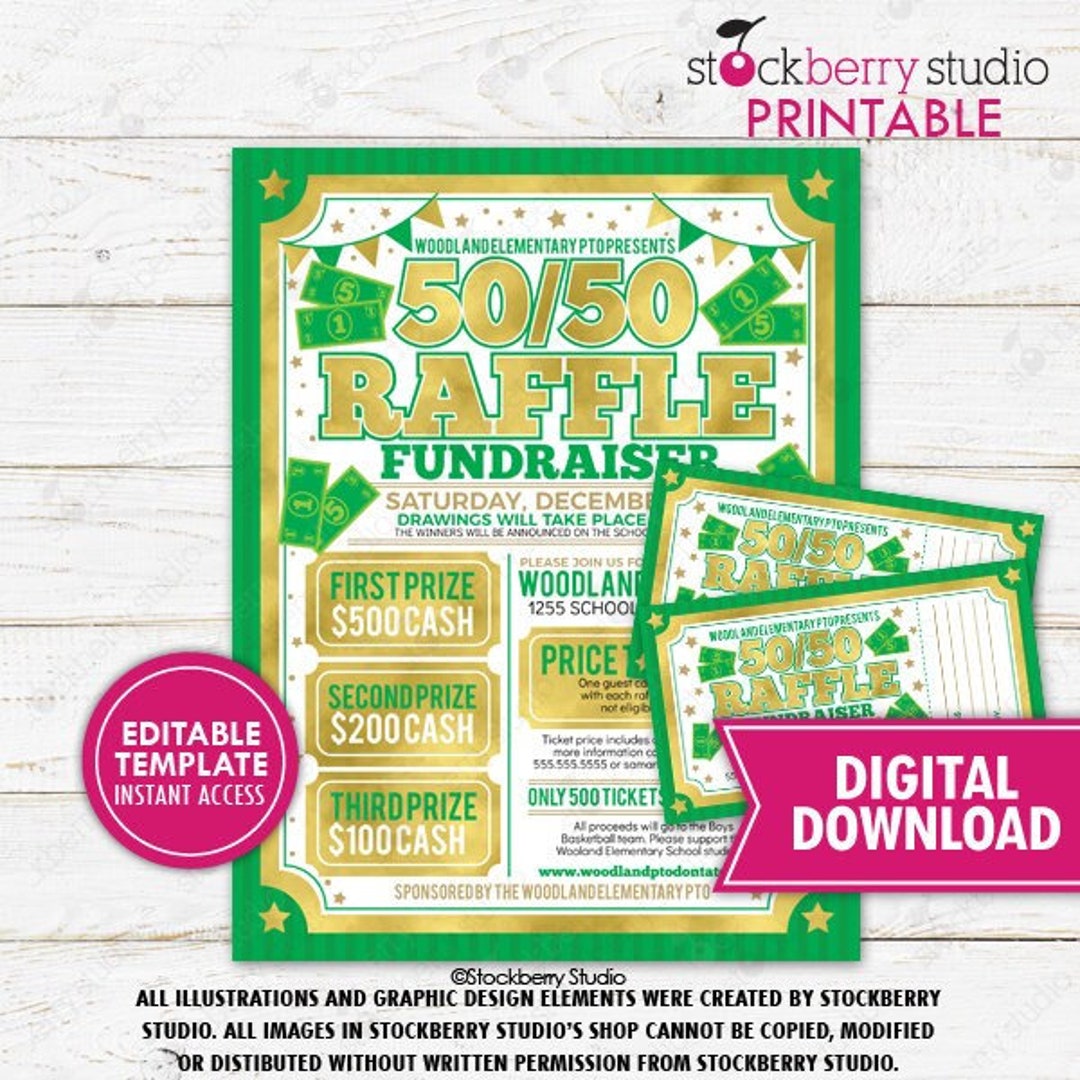 50/50 Raffle Ticket Fundraiser Flyer Printable Cash Split the Pot PTO ...