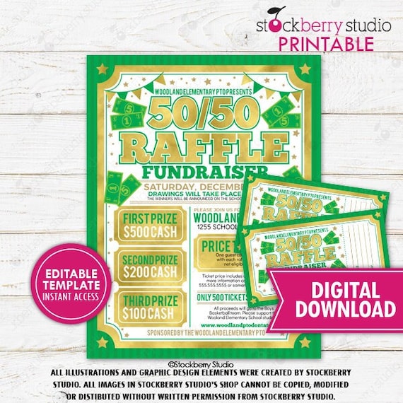 50/50 Raffle Ticket Fundraiser Flyer Printable Cash Split the Pot PTO ...