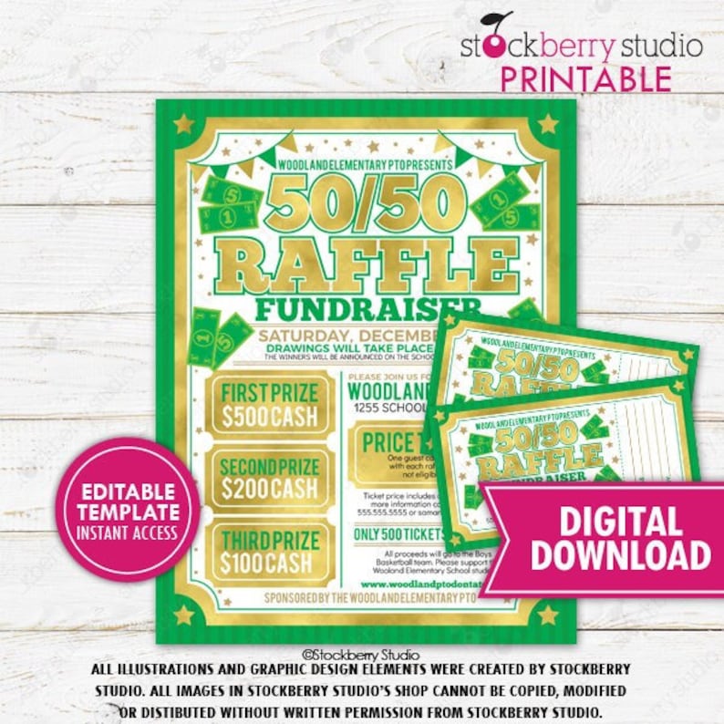 50/50 Raffle Ticket Fundraiser Flyer Printable Cash Split the - Etsy