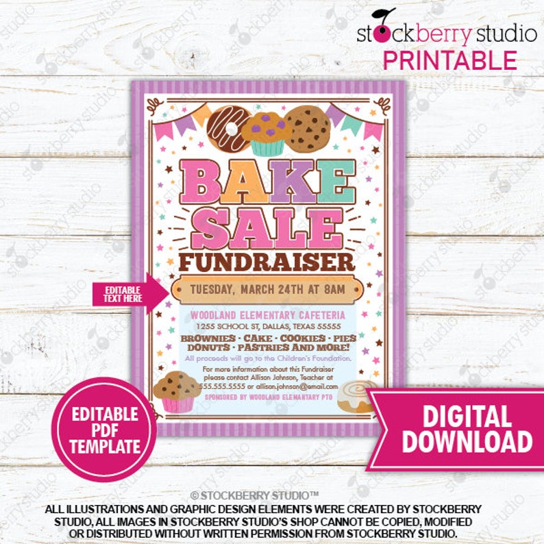 Bake Sale Flyer PTA PTO School Fundraiser Church Charity Event Invite ...