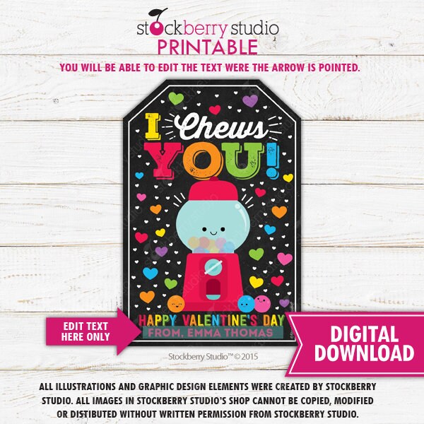 Bubble Gum Valentine's Day Gift Tags Printable I Chews You - Etsy