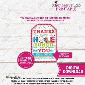 Donut Gift Tag Thanks A Hole Bunch Donut Thank You Tags Teacher ...