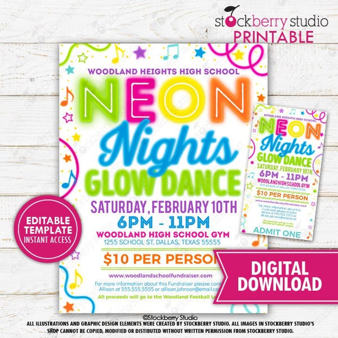 Neon Nights Glow Dance Flyer Ticket Set Printable High School Party ...