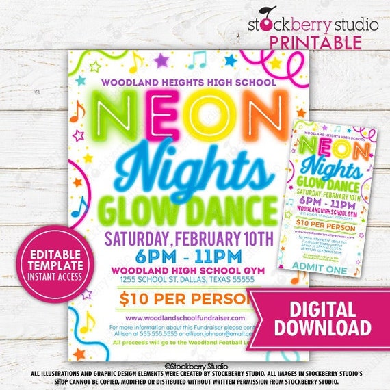 Neon Nights Glow Dance Flyer Ticket Set Printable High School Party ...