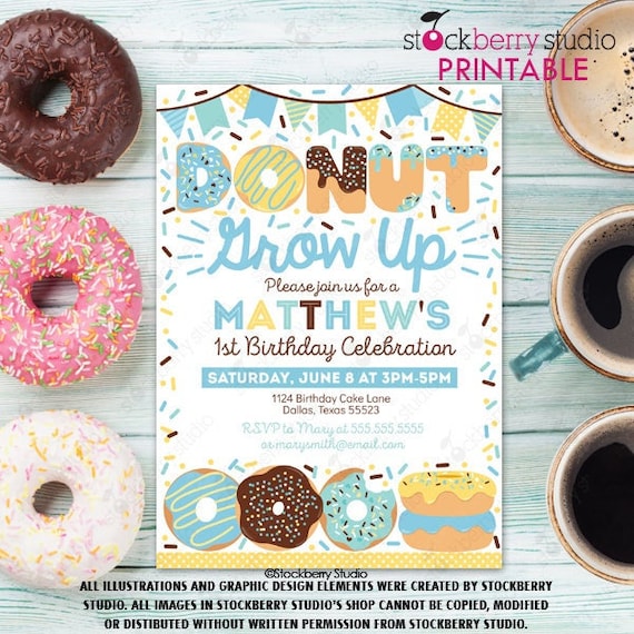 Boy Donut Grow Up Birthday Invitation Doughnut Grown Up Invite Donut ...