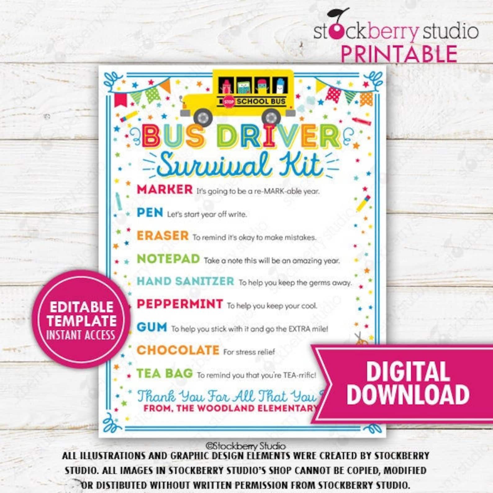 Bus Driver Survival Kit Printable Thank You Appreciation Week - Etsy