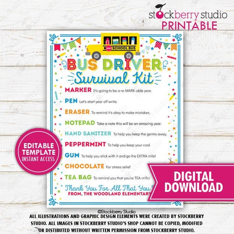Bus Driver Survival Kit Printable Thank You Appreciation Week - Etsy