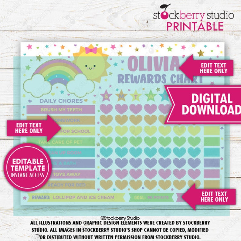 Rainbow Reward Chart Editable Sun Girls Chore Chart Sunshine - Etsy