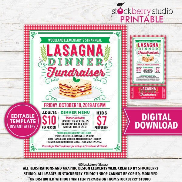 Lasagna Dinner Fundraiser Flyer Ticket Printable Template Benefit ...