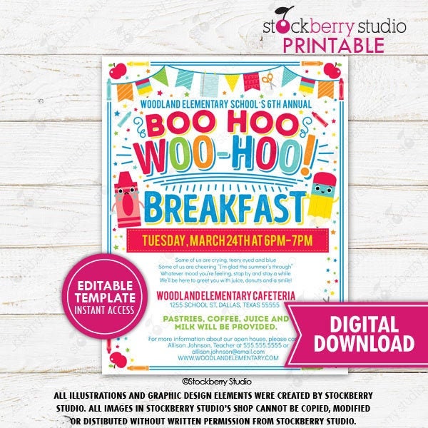 Boo Hoo Woo Hoo Back to School Breakfast Social Flyer Invite PTO PTA ...