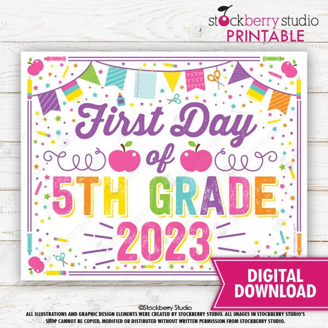 Girl First Day of 5th Grade Sign Printable Back to School - Etsy