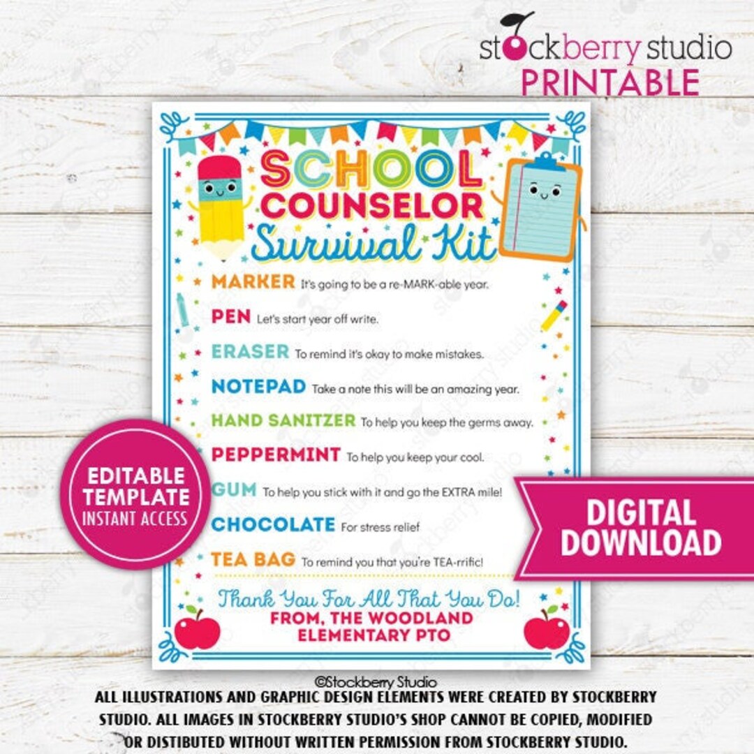 School Counselor Survival Kit Printable Thank You Guidance Counselor ...
