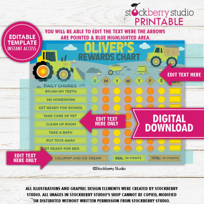 Construction Truck Reward Chart Editable Boy Chore Chart Daily | Etsy