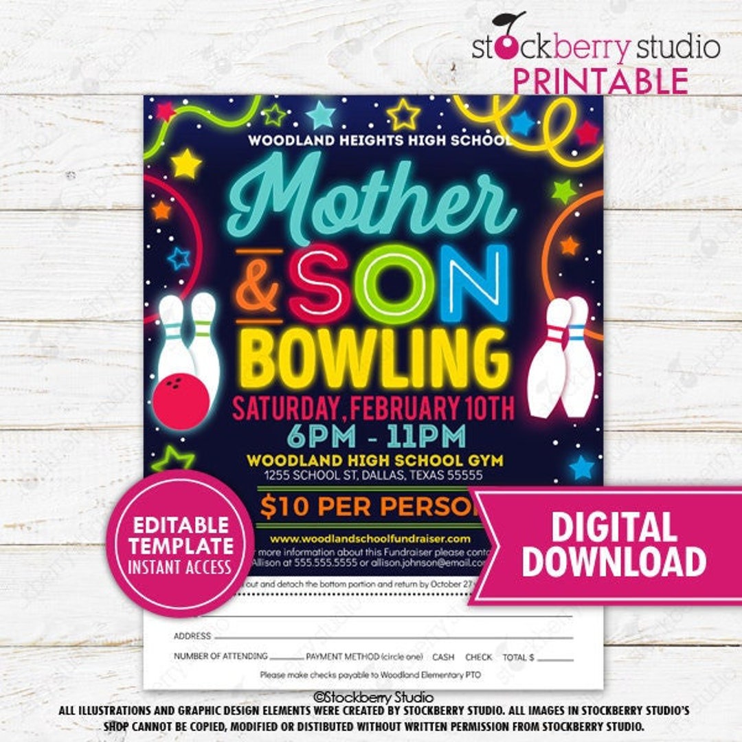 Mother Son Bowling Flyer Printable PTO PTA School Dance Party - Etsy