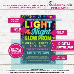 Light up the Night Prom Flyer Ticket Invite Set Printable Neon Glow ...