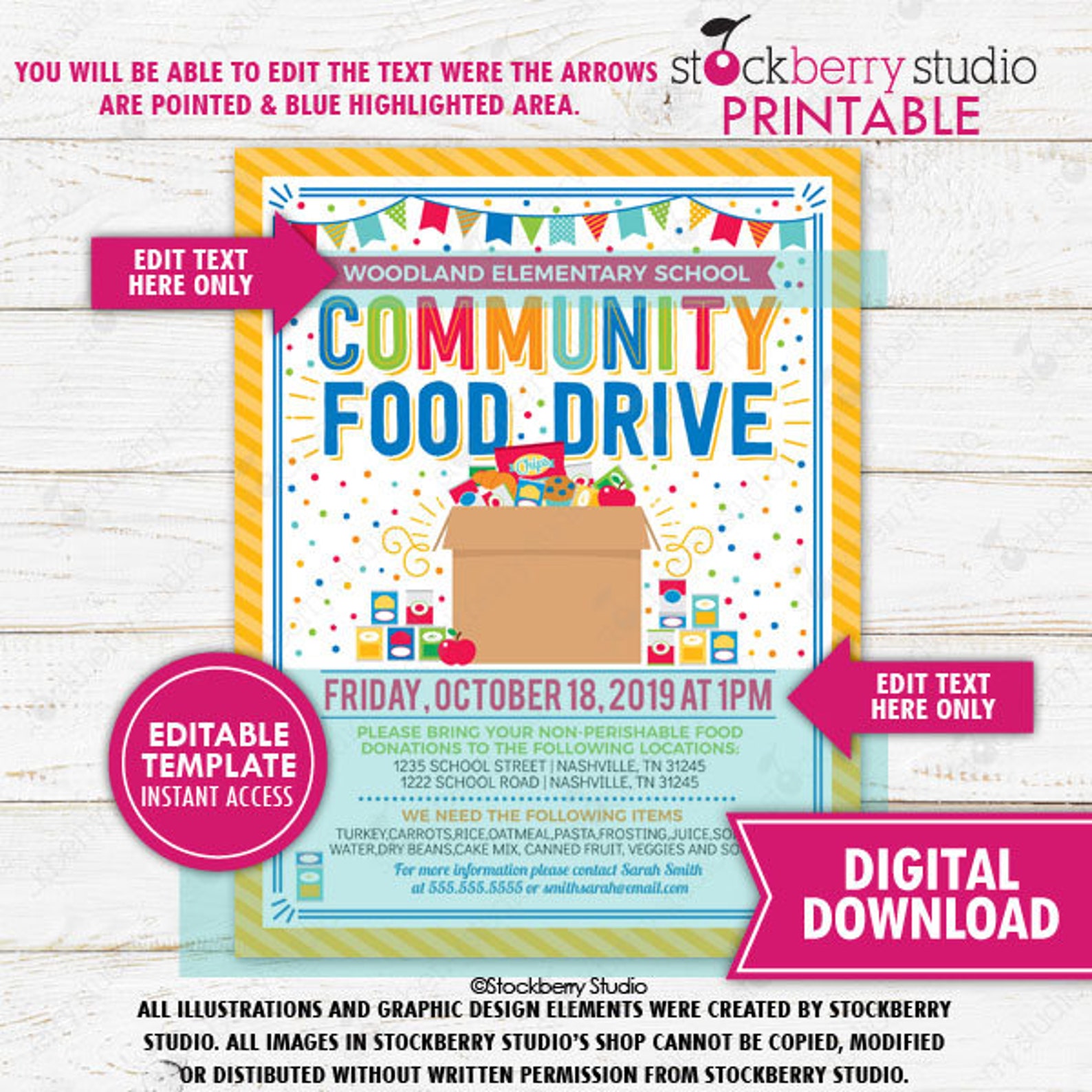 Food Drive Flyer Printable Donation Fundraiser PTO PTA School Community ...