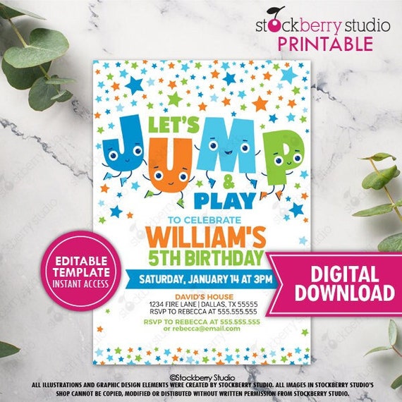 Jump Invitation Printable Trampoline Party Bounce House Party Boy Jump ...