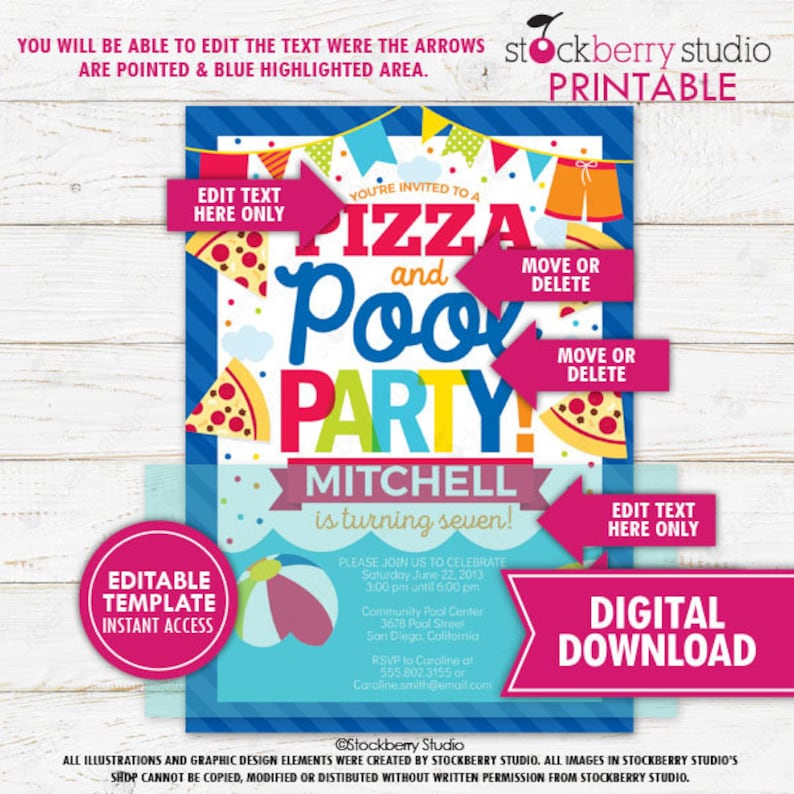 Pizza and Pool Party Invitation Printable Summer End of School - Etsy