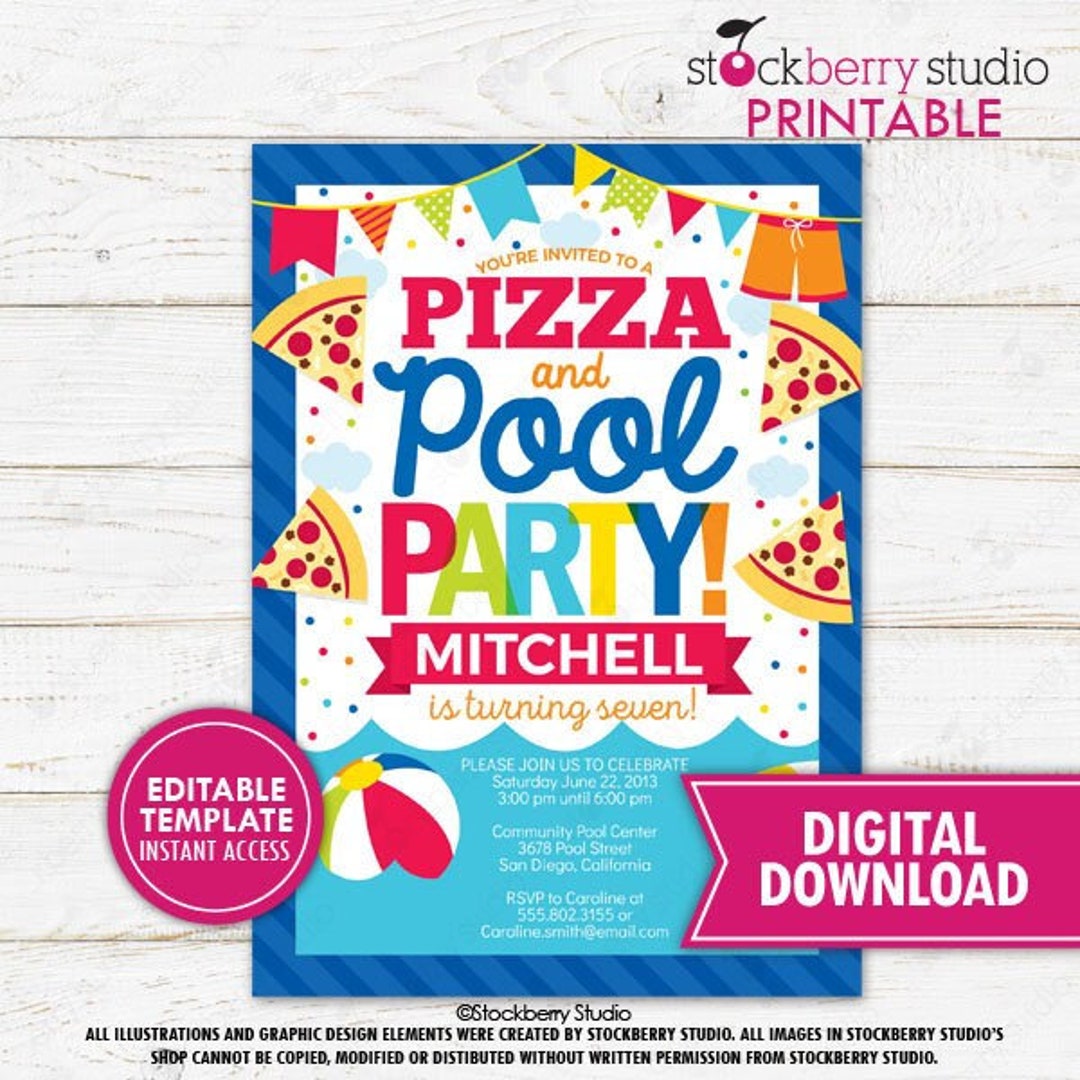 Pizza and Pool Party Invitation Printable Summer End of School Party ...