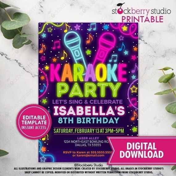 Karaoke Birthday Party Invitation Printable Neon Glow Birthday Invite ...