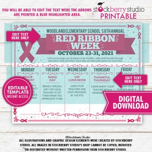 Red Ribbon Week Schedule Itinerary Flyer Printable School PTO PTA ...