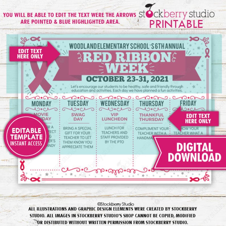Red Ribbon Week Schedule Itinerary Flyer Printable School PTO - Etsy