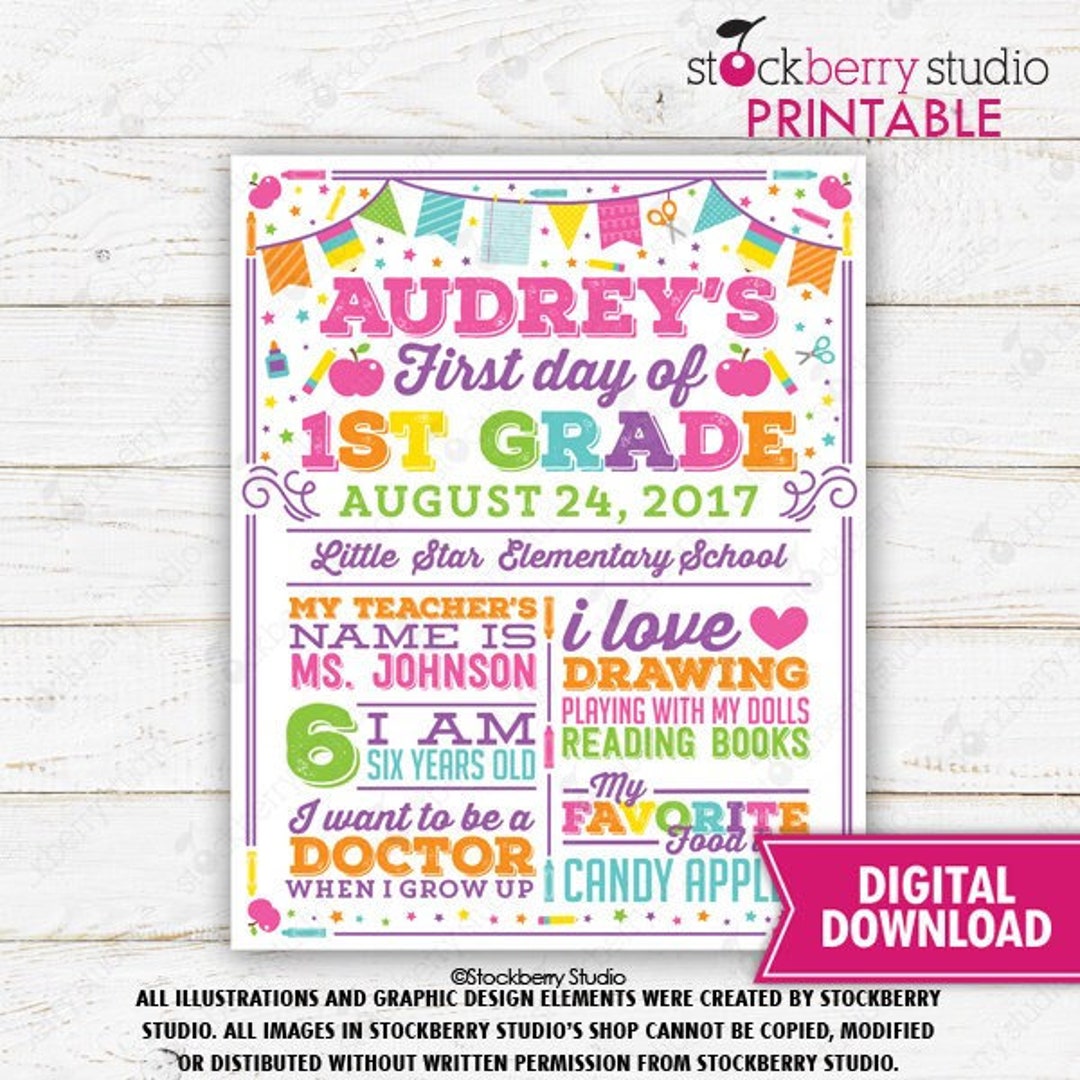 Girl First Day of School Sign Printable Custom Back to School 1st Day ...