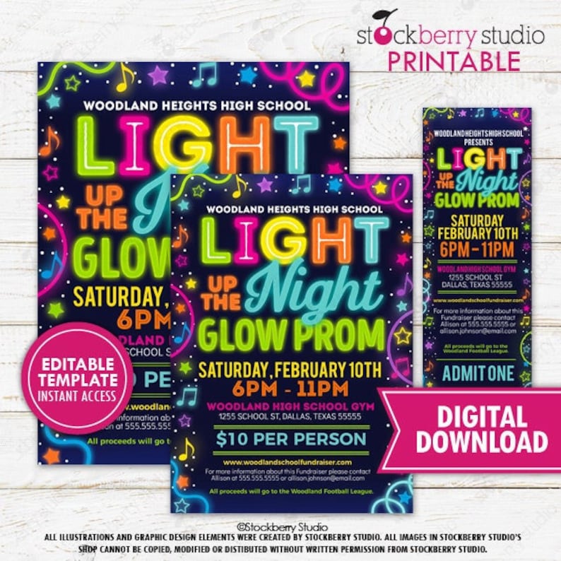 Light up the Night Prom Flyer Ticket Invite Set Printable Neon Glow ...
