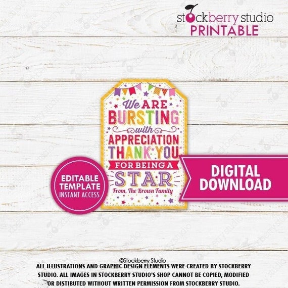 Star Gift Tag Printable Candy Tags Bursting with Appreciation PTO PTA ...