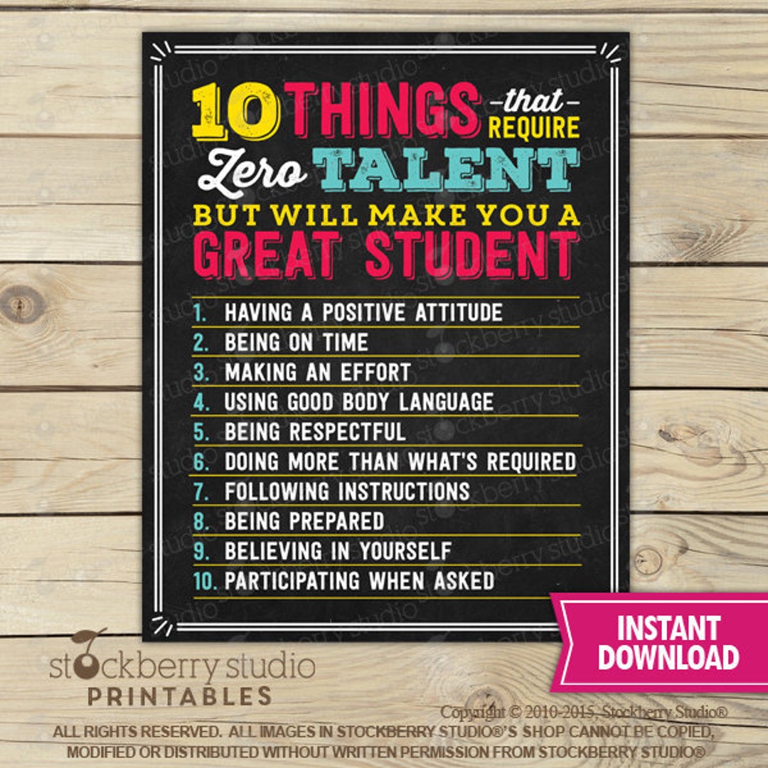 10 Things That Require Zero Talent - High School Teacher Poster Printable - Successful Student ...