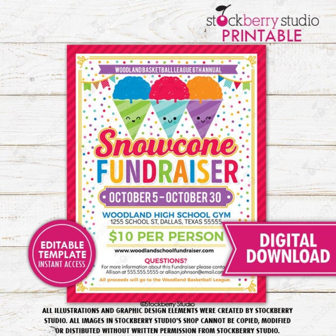 Snowcone Fundraiser Flyer Printable Ice Cream Party Invite Summer ...