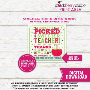 Teacher Gift Tag Thank You Gift Tag Candy Apple Staff PTO PTA School ...