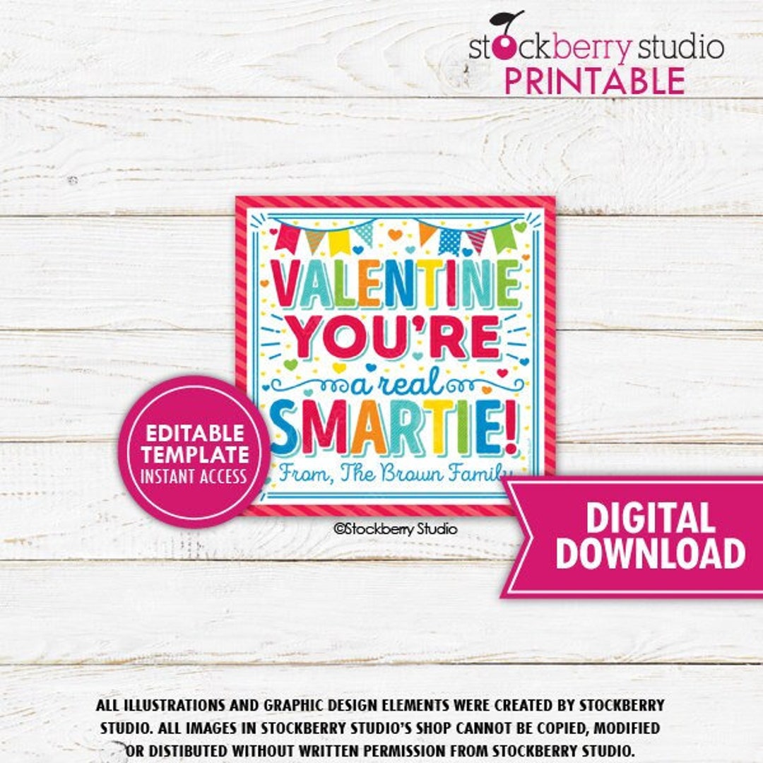 Valentine Gift Tags You're a Real Smartie Valentine's Day Rainbow Label ...