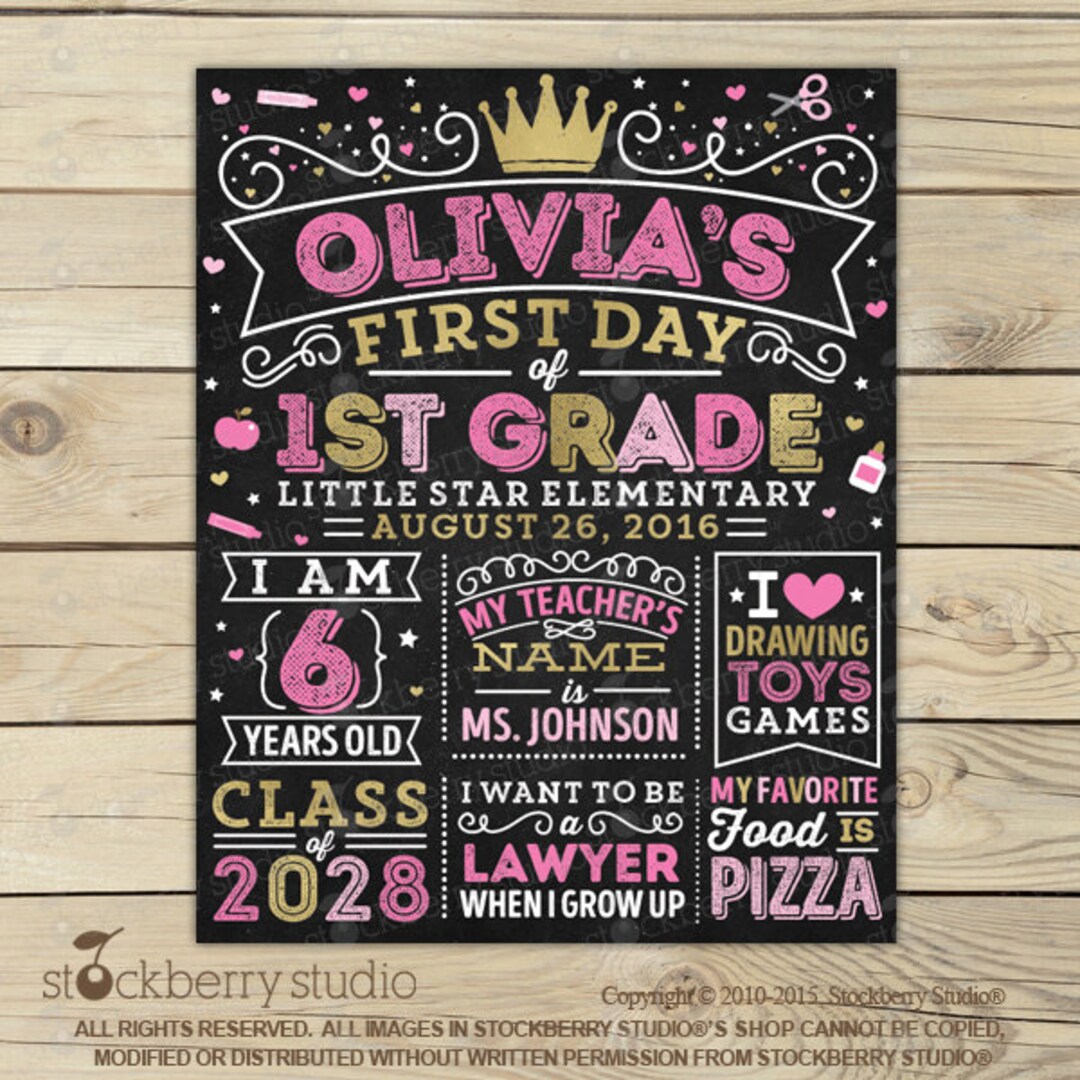 Girl First Day of School Sign Princess Back to School Sign Pink Gold ...