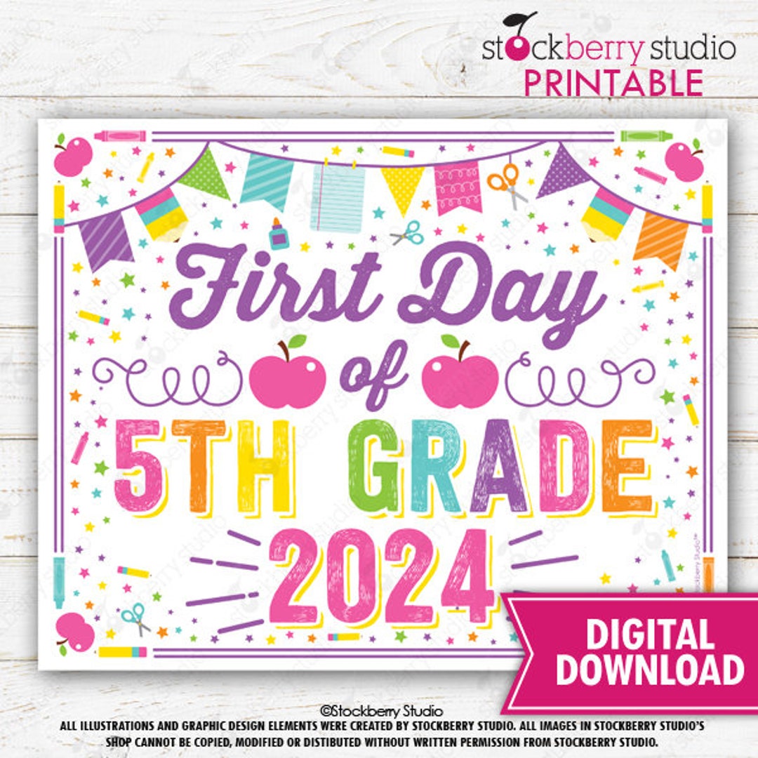 Girl First Day of 5th Grade Sign Printable Back to School Poster 1st ...
