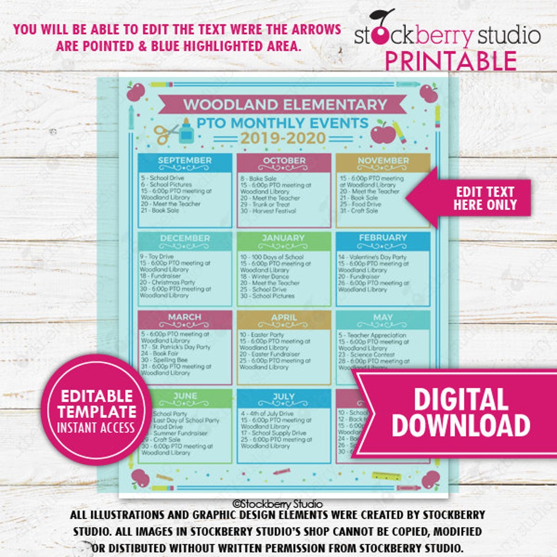 PTA PTO Monthly Calendar Printable School Year Fundraiser Event Handout ...