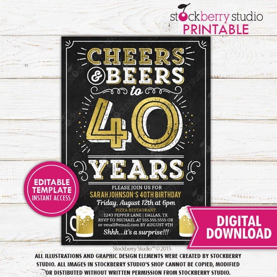 Cheers To Beers Invitation 40th Birthday Invite Adult Party Invitation