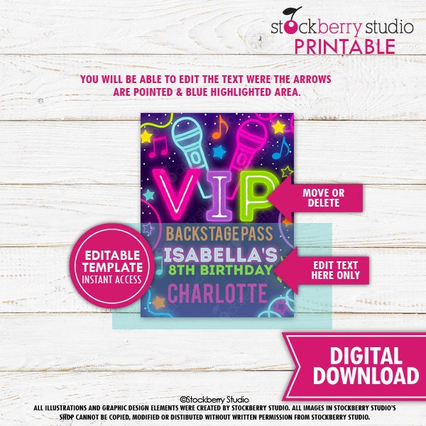 Pop Star Birthday VIP Backstage Pass Printable Girls Rainbow Neon Glow ...