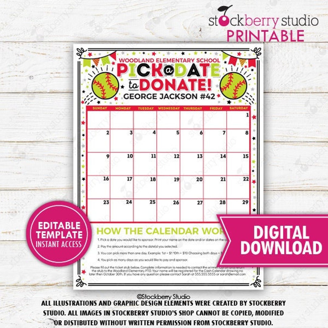 Softball Pick A Date To Donate Calendar Flyer Printable Softball