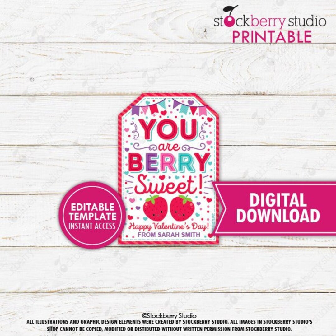 Valentine You Are Berry Sweet Tag Printable Fruit Snacks Fruit Strip ...