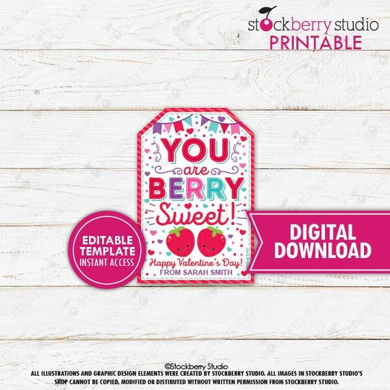 Valentine You are Berry Sweet Tag Printable Fruit Snacks Fruit Strip ...