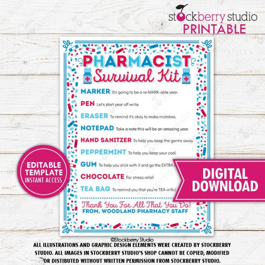 Pharmacist Survival Kit Printable Candy Thank You Pharmacy Tech ...