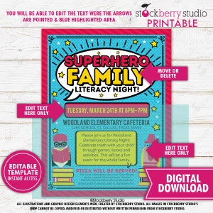 Superhero Family Literacy Night Flyer Printable Reading Book Sale PTO ...