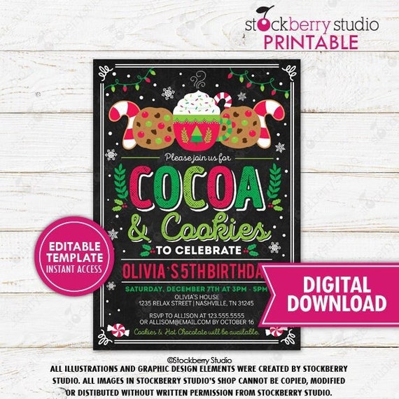Cookies and Cocoa Invitation Printable Kids Christmas Birthday Hot ...