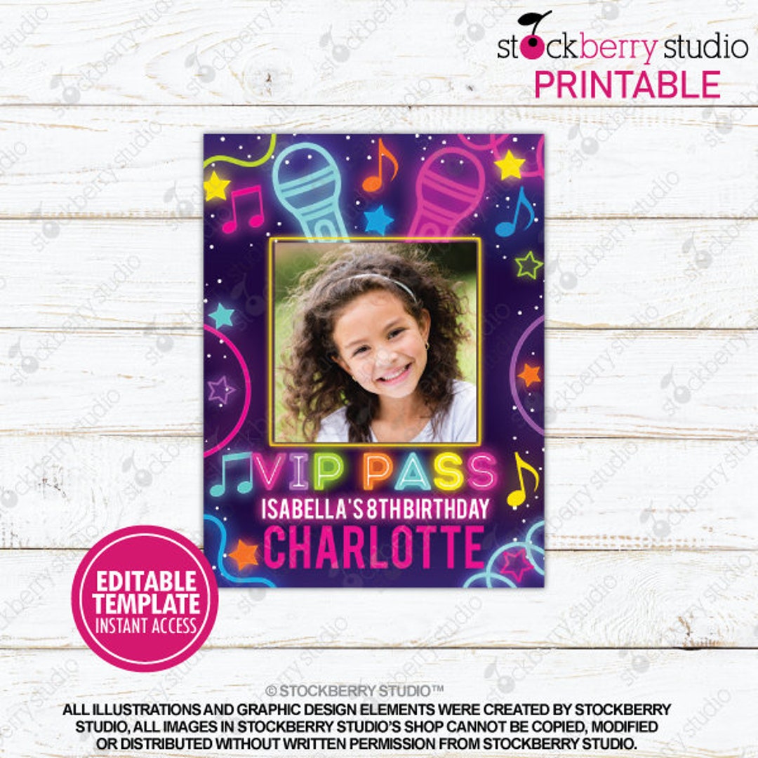 Pop Star Birthday Vip Backstage Photo Pass Printable Girls Rainbow Neon Glow Music Party Guests