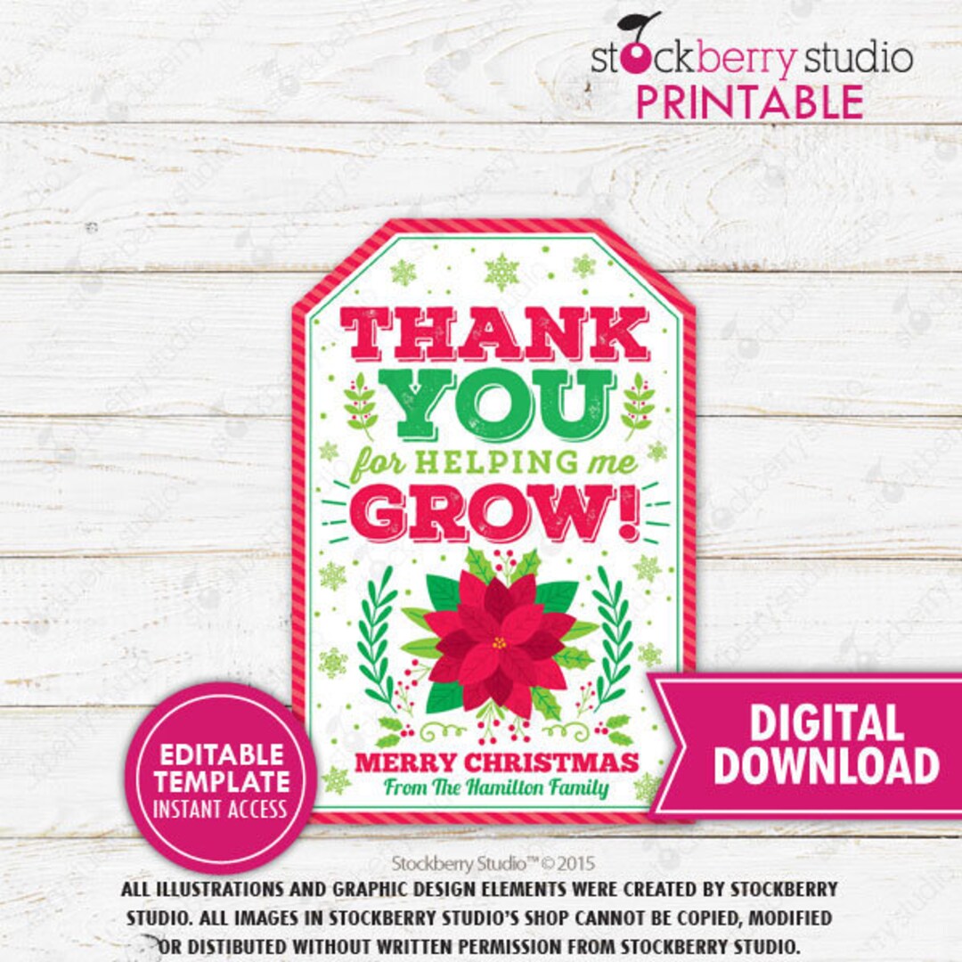 Christmas Gift Tags Thank You for Helping Me Grow Flower Holiday ...