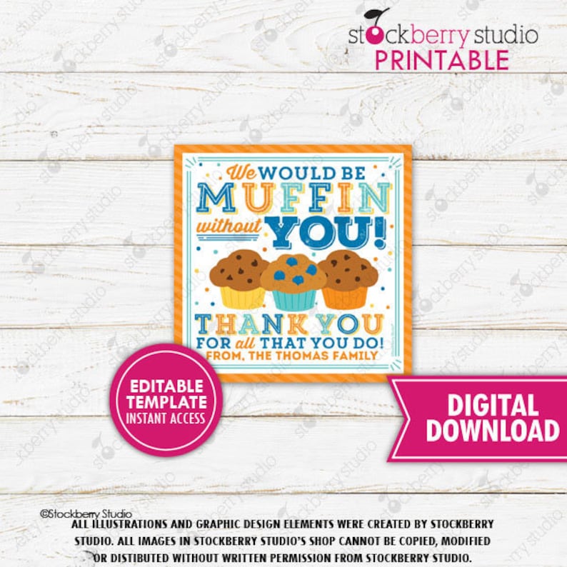 Muffin Gift Tag Printable Muffin Thank You Teacher Appreciation ...