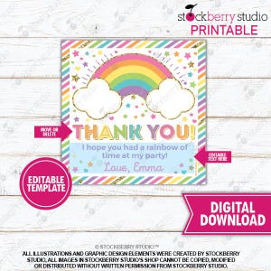 Rainbow Birthday Thank You Tag Printable Pastel Girls Rainbow Party ...