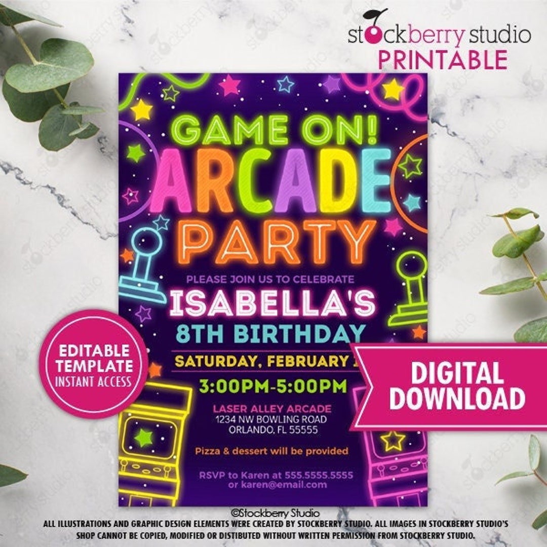 Girl Arcade Party Birthday Invitation Printable Neon Glow Video Gaming ...