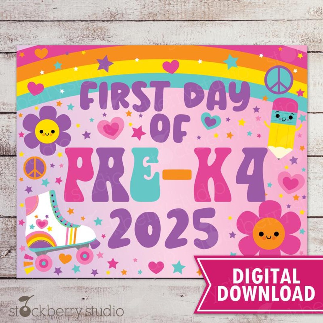 Groovy First Day of Pre-k4 Grade Sign Boho Pre K4 Retro Rainbow Roller ...
